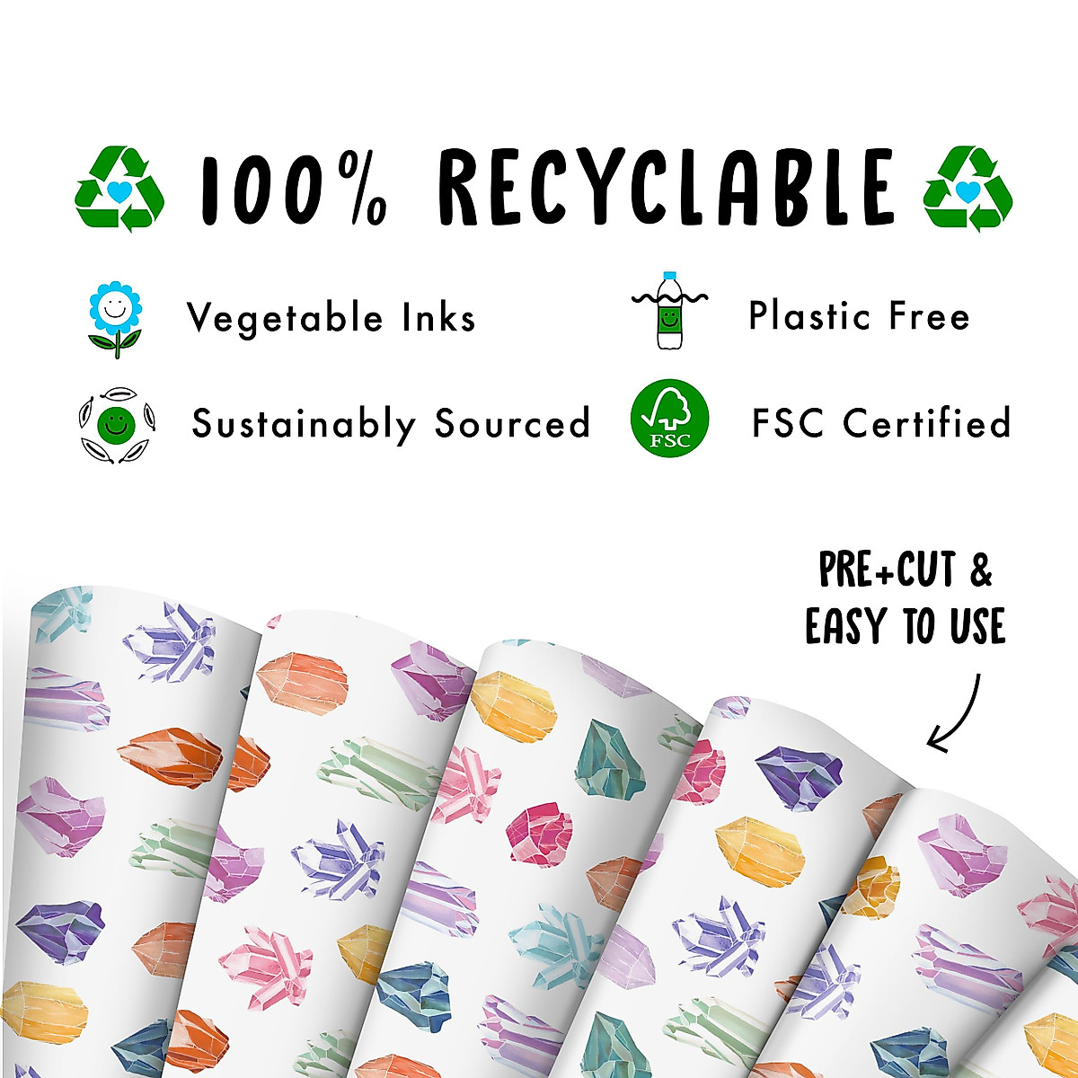 CENTRAL 23 - Crystals Gift Wrap - 6 Wrapping Paper Sheets - Precious Stones on White Background - For Birthdays - Women Girls - Recyclable