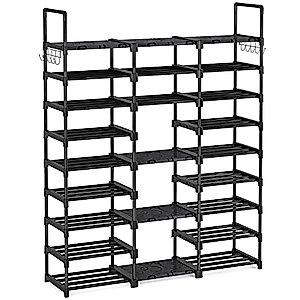 Tribesigns 9 Tier Shoe Rack Shoe Shelf Large Shoe Rack Storage Organizer for Entryway with Side Hooks, 50-55 Pairs Metal Shoe Racks Shoe and Boots Shelf for Closet