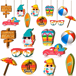 Chunful Summer Tree Ornaments Wood Hanging Decoration Beach Wooden Slices Christmas Winter Tree Ornaments with String for Luau Hawaiian Party Supplies(Beach Style, 30 Pieces)