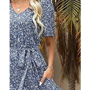 Maggeer 2023 Womens Casual Summer Dresses Short Sleeve Cute V Neck Ruffle Boho A Line High Low Flowy Swing Beach Modest Floral Maxi Dress with Pockets Dusty Blue XL
