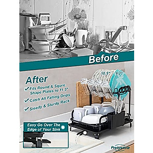 pretysnow Dish Drying Rack with Drainboard - 2 Tier Dish Racks for Kitchen Counter, Large Dishes Drainer with Auto Drainage, Carbon Steel Disk Strainer Set, Black