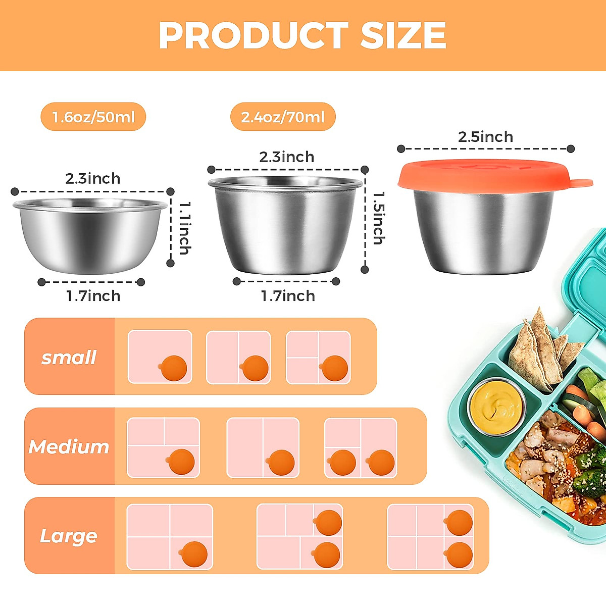 5×1.6oz Salad Dressing Container To Go for Lunch Box, Small Condiment Containers with Lids, Mini Stainless Sauce Cups Snack Food Storage Meal Prep Containers Reusable Bento Box Accessories Kids Adult