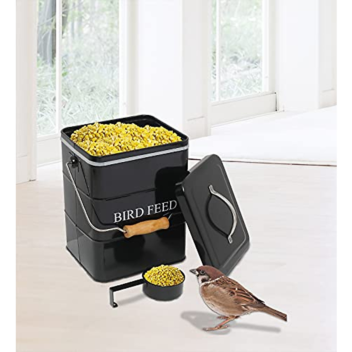 Morezi Bird seed and feed storage tin with lid Included - white-coated carbon steel - tight fitting lids - storage canister tins - Black