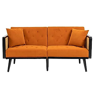 Lin-Utrend Velvet Loveseat Sofa with Rattan Armrest,61" Convertible Futon Sofa Bed,Sleeper Sofa Couch Loveseat for Small Space,Living Room,Apartment