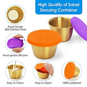 GuDoQi 8 Pack Salad Dressing Container To Go, 2.4oz Small Condiment Containers with Leakproof Silicone Lids, Gold Stainless Steel Reusable Sauce Cups for Lunch Bento Box, Picnic and Travel