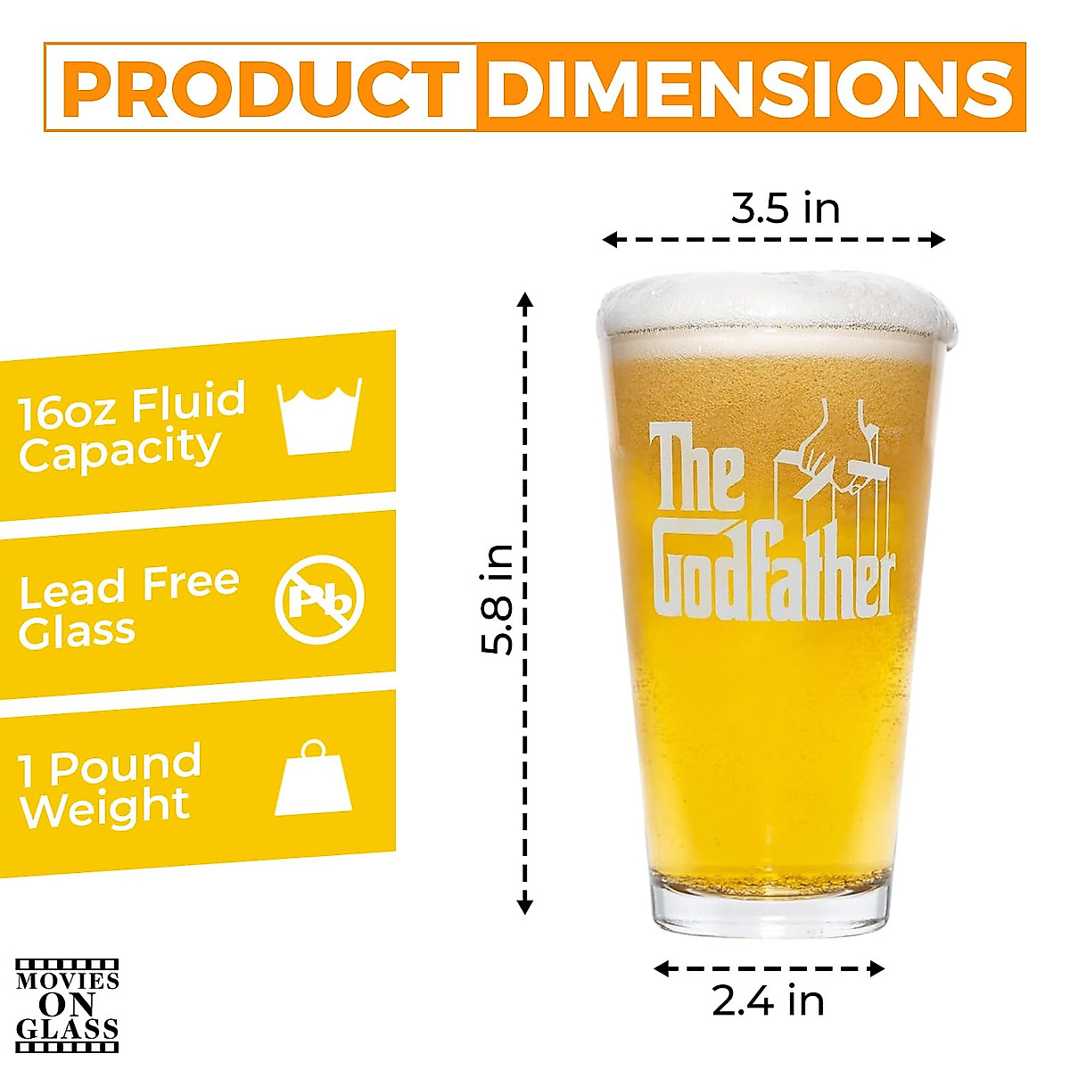 The Godfather Etched Pint Beer Glass - Officially Licensed, Premium Quality, Handcrafted Glassware, 16oz. - Perfect Collectible Gift for Movie Lovers, Birthdays & Special Occasions