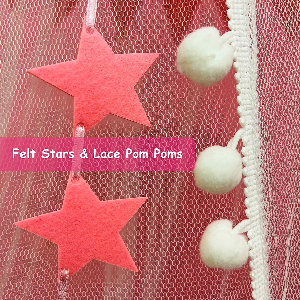 Bed Canopy for Kids - Bed Canopy Mosquito Net with Pom Poms and Felt Stars by Kiddigard - Bed Canopy for Girls - Bed Canopy Baby - Bed Canopy Set.