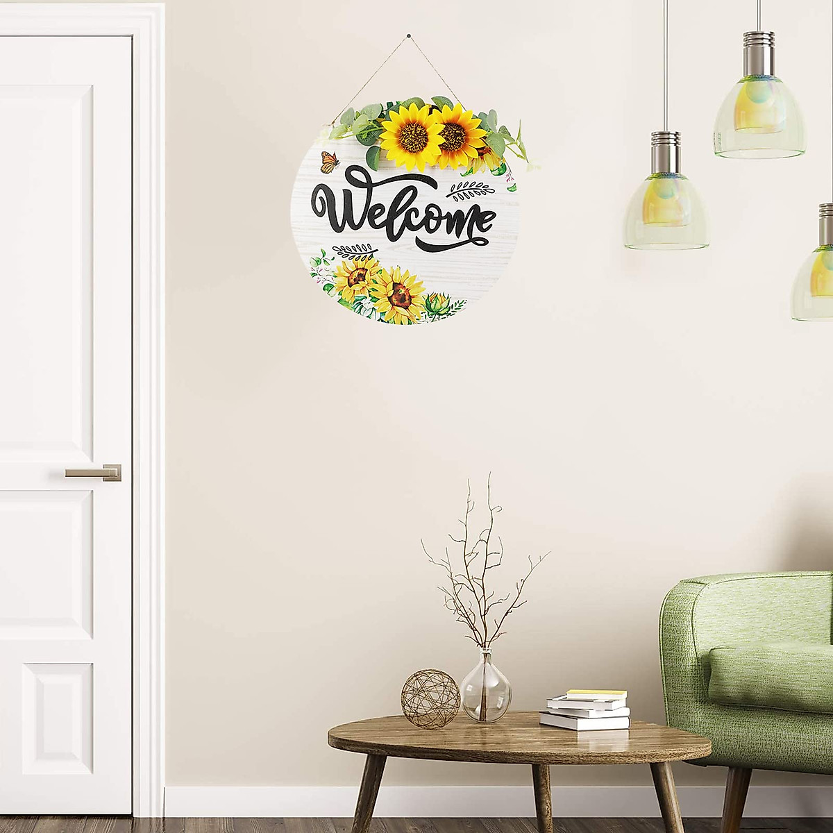 Autonomier Sunflower Welcome Sign for Front Door 12 Inch Sunflower Front Porch Decor Farmhouse Rustic Round Wooden Hanging Sign with Artificial Sunflower and Eucalyptus Leaves for Home Garden (White)