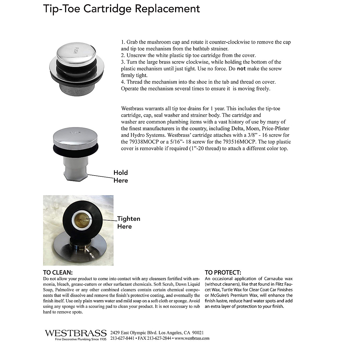 Westbrass 793516MOCP Replacement Tip-Toe Bathtub Drain Stopper with 5/16" Stem, 1-Pack, Polished Chrome