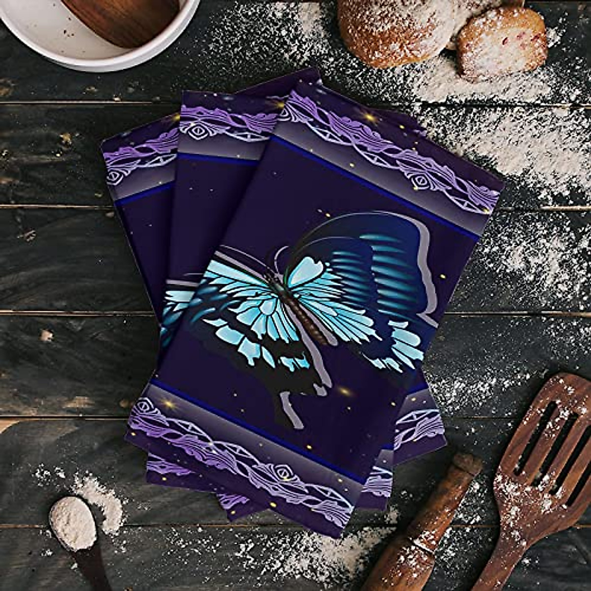 Big buy store Kitchen Towels Butterfly Dish Towels and Dishcloths Sets Decorative Tea Towel Purple Starry Sky Starlight Absorbent Hand Towels for Kitchen Drying Bathroom Decor Gift 18x28 Inch