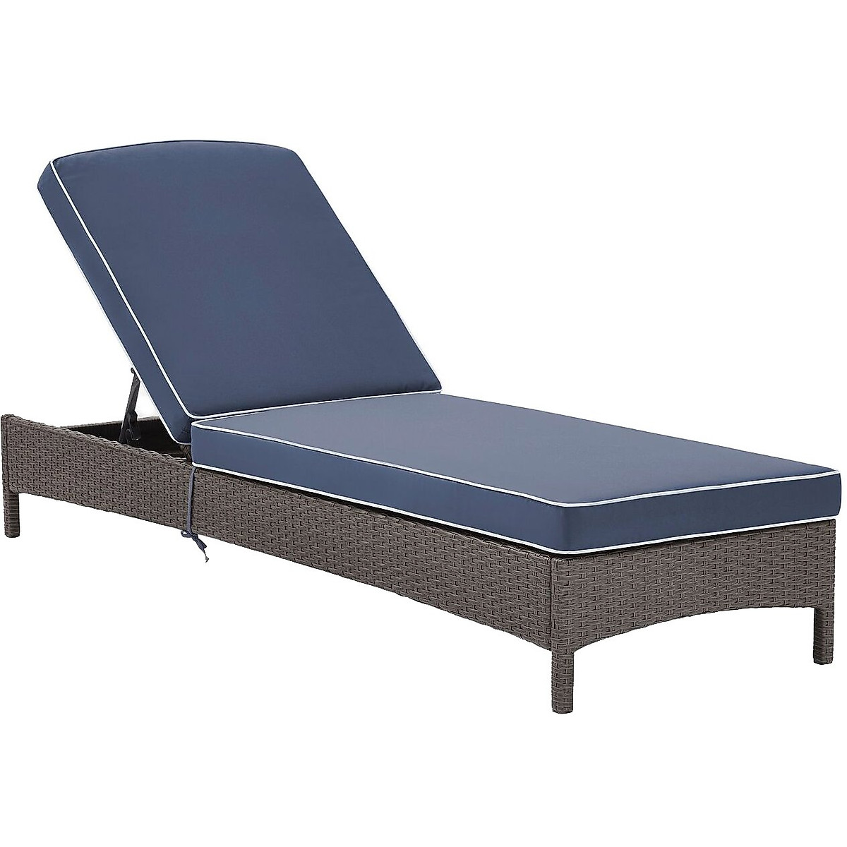 Crosley Furniture Palm Harbor Reclining Wicker Outdoor Chaise Lounge Chair for Patio, Deck, Poolside, Gray with Navy Cushions