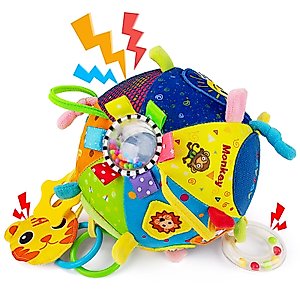 Busy Sensory Ball Baby Toys for 0-12 Months,Developmental Activity Ball Infant Toys with Baby Rattles Teether Crinkle Sounds,Discover Ball Gifts,Easy to Grasp Encourage Tummy Time Fine Motor Skills