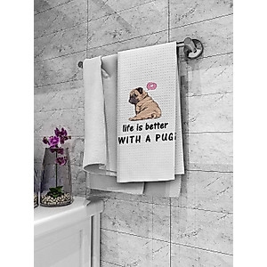 DIBOR Life is Better with A Pug Kitchen Towels Dish Towels Dishcloth,Funny Pug Dog Decorative Absorbent Drying Cloth Hand Towels Tea Towels for Bathroom Kitchen,Dog Lovers Girls Women Gifts