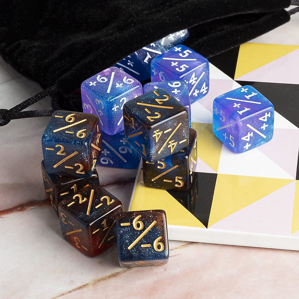 48 PCS Magic The Gathering Token Dice Counters Marble Cube D6 Dice Glitter Sparkle Starry Sky Dice for CCG Creature Stats Card Gaming MTG Accessory (2-Color Mixed)