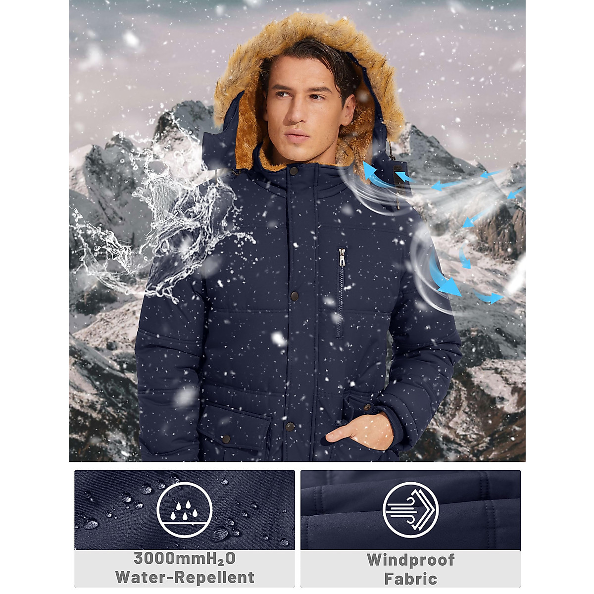 TACVASEN Men's Winter Coat Cold Weather Windbreaker Snow Coats Thick Fleece Jacket Navy, XL