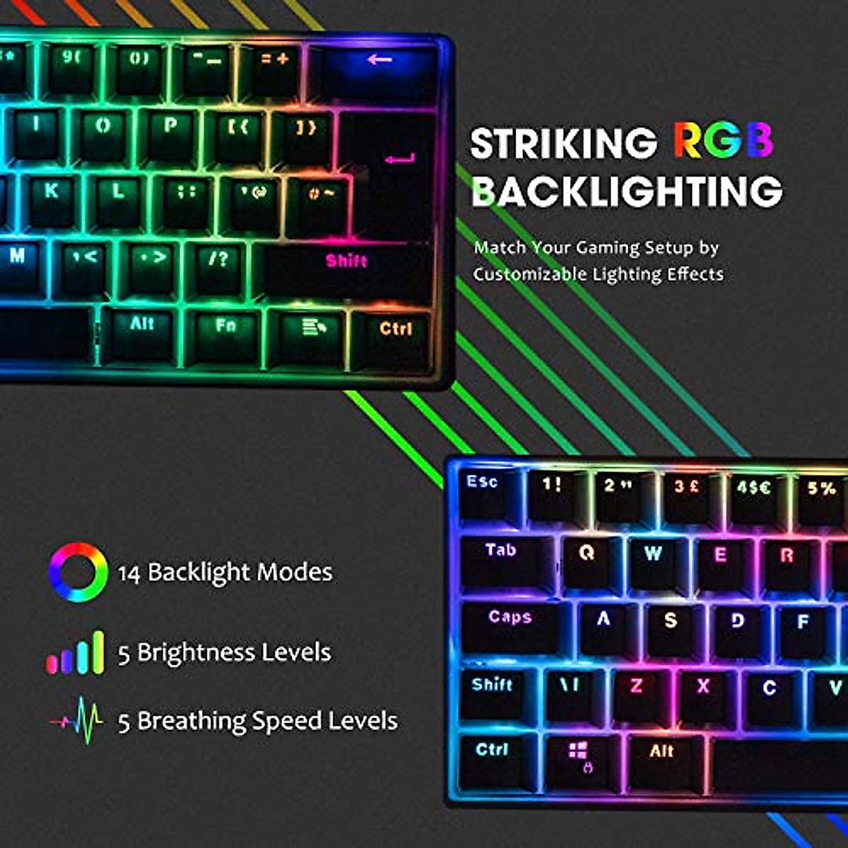 ZIYOU LANG MK21 Portable 60% Mechanical Gaming Keyboard Untra-Compact Type-c Wired with Light Up Chroma LED Backlit Non-Conflict 61 Key TKL Ergonomic for PS4 PS5 PC Mac Windows(Black/Blue Switch)