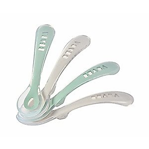 BEABA Second Stage Silicone Spoons for Self Feeding Babies, The Original Soft Tip Silicone Spoons, BPA Lead Phthalate and Plastic Free, Great Gift Set (4 Pack) (Sage)