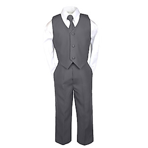 5pc Formal Wedding Boys Dark Gray Vest Necktie Sets Suits Baby to Teen (L:(12-18 Months))