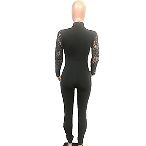 Maiyifu-GJ Women's Floral Lace Bodycon Jumpsuit Long Sleeve See Through Mesh Romper Criss Cross Hollow Out Teddy Clubwear (Black,Small)