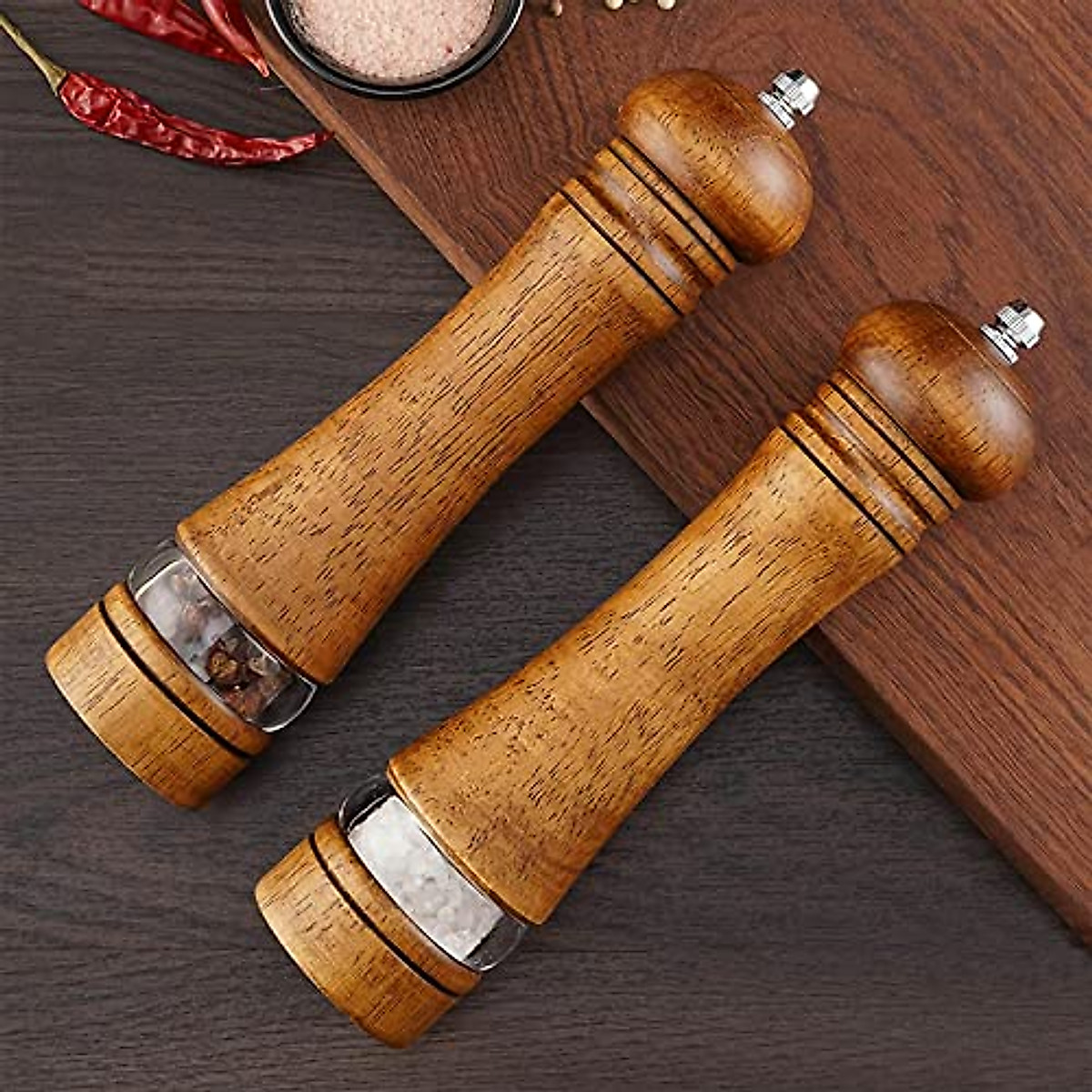 2-Piece Salt and Pepper Grinder Set, 8 Inch Wooden Salt and Pepper Mills with Adjustable Coarseness, Refillable Manual Pepper Mill Grinder for Home Cooks (Brown)