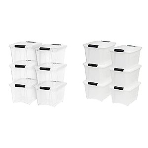 IRIS USA TB Clear Plastic Storage Bin Tote Organizing Container, 19 Qt, 6 Count & 19 Qt. Plastic Storage Bin Tote Organizing Container, 6 Pack, Pearl with Black Buckle