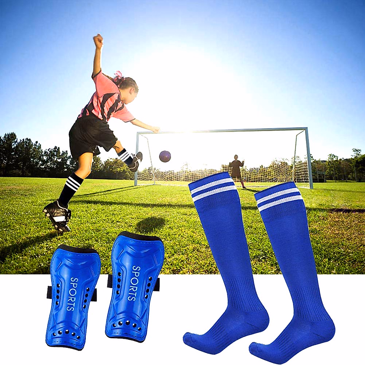 Haploon Shin Guards Soccer Football Shin Pads Protector Calf Protective Gear for 5-12 Old Kids, Teenagers, Boys, Girls, with 2 Pair Long Sleeve Soccer Socks