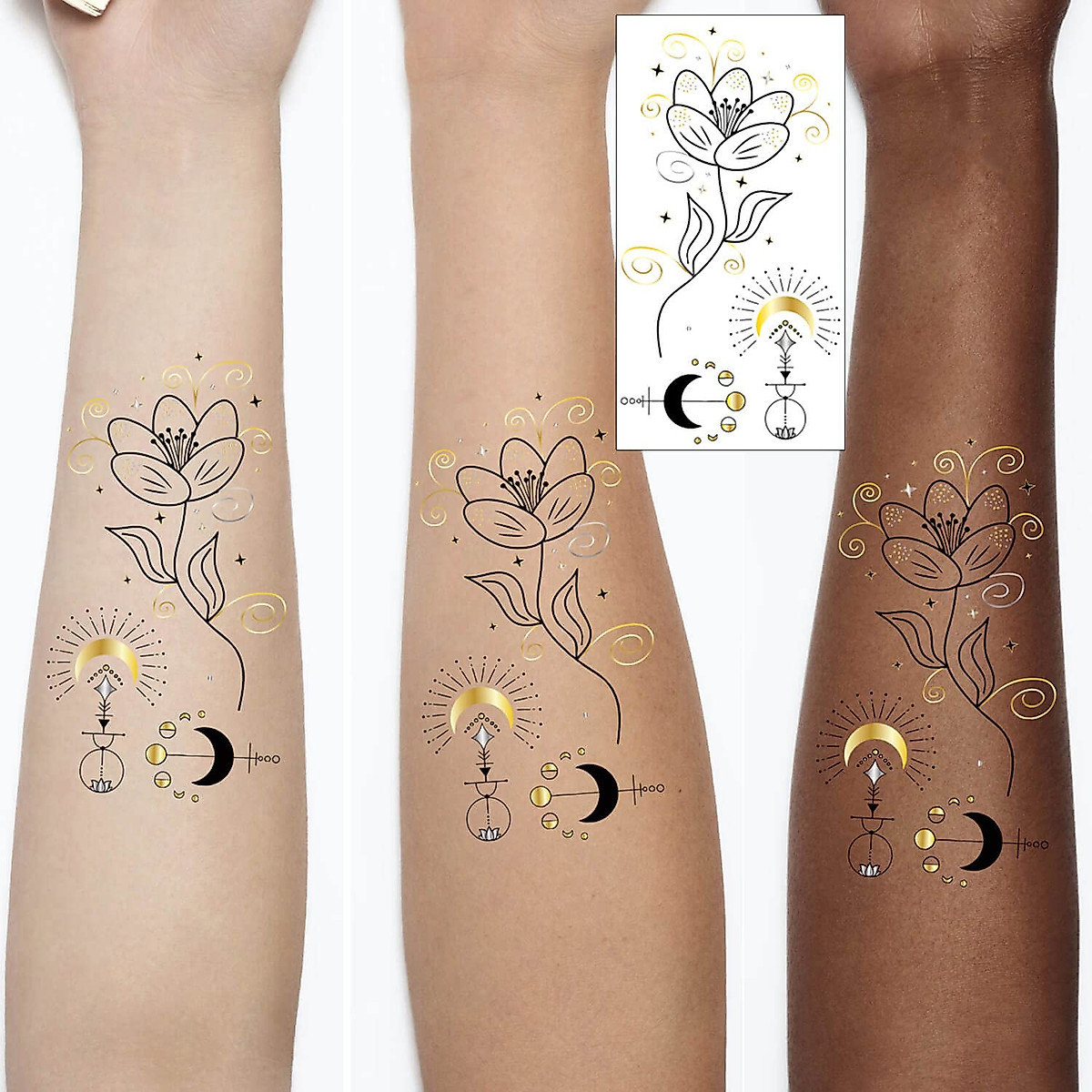 Glaryyears Metallic Gold Temporary Tattoo for Women Adults, 18-Pack Long-lasting Tiny Size Realistic Tattoos, Variety Pack Cute Floral Fake Tattoos, Makeup for Face Body Hand Arm Neck Party