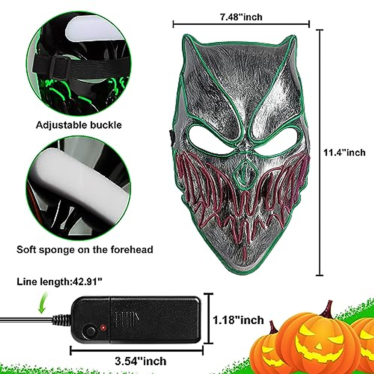yalanle Halloween Mask LED Light Up Scary Mask Purge Mask with EL Wire 3 Flashing-Modes for Halloween Masquerade Party,Costume Cosplay,Gifts(Green & Pink)