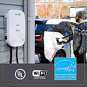 Leviton EV48W Level 2 Electric Vehicle Charging Station with Wi-Fi, 48 Amp, 208/240 VAC, 11.6 kW Output, 18' Charging Cable, Hardwired, White