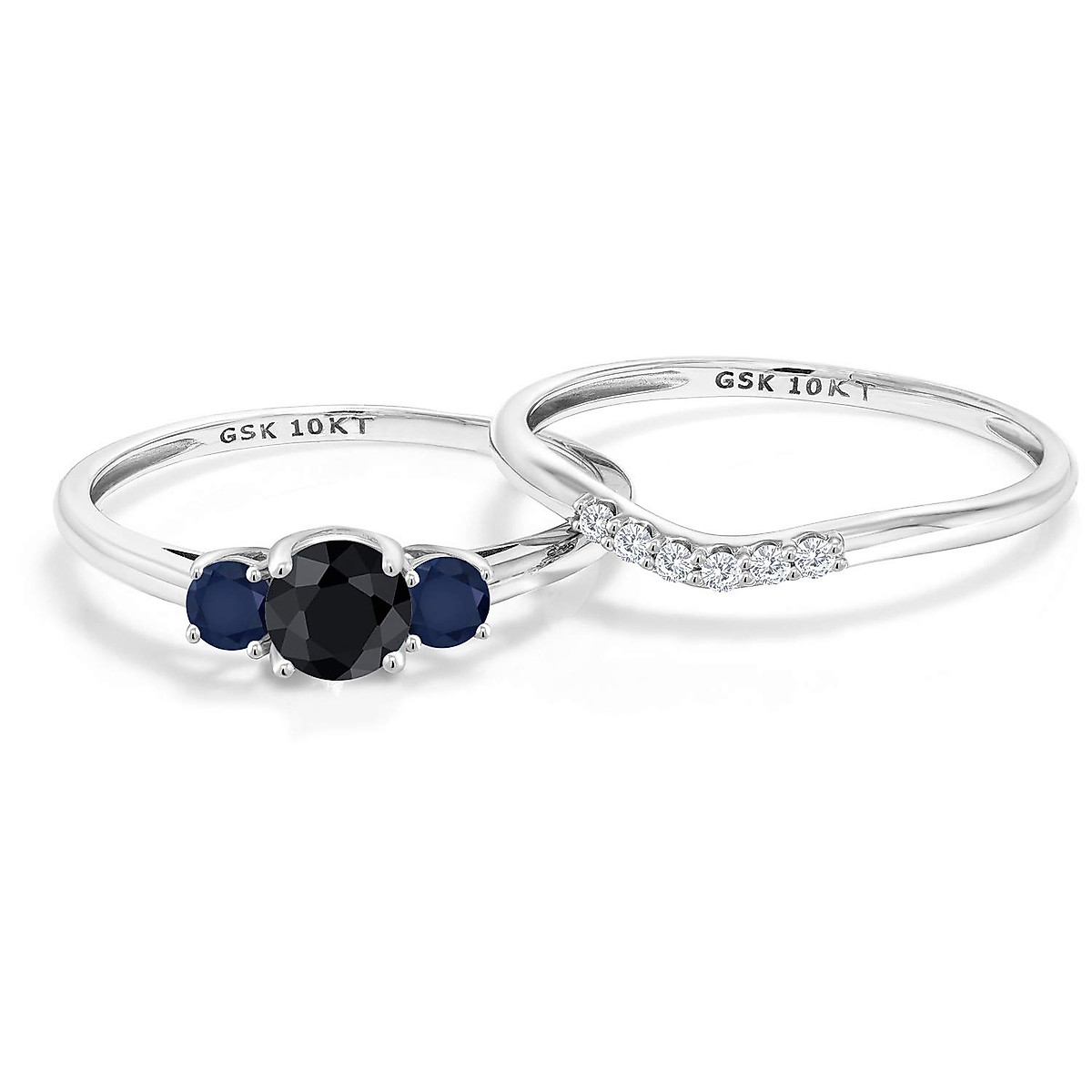 10K White Gold Black Sapphire and Blue Sapphire and White Lab Grown Diamond 3-Stone Bridal Engagement Wedding Ring Set For Women (1.07 Cttw, Gemstone September Birthstone, Round 5MM, Size 9)