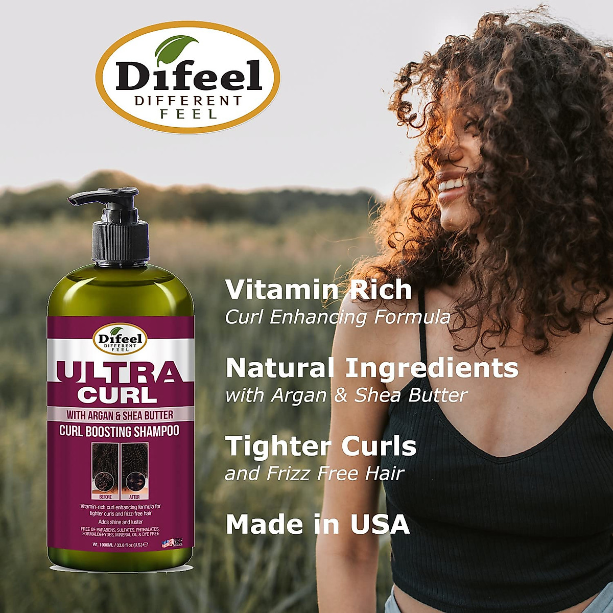 Difeel Ultra Curl with Argan & Shea Butter - Curl Boosting Shampoo 33.8 oz., Sulfate Free Shampoo Made with Natural Ingredients
