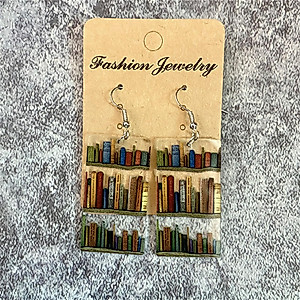 Book Earrings for Women Bookcase Dangle Earrings Unique Book Shelves Patterned Acrylic Dangle Earrings for Book Lovers Gift Teacher's Day Appreciation Jewelry Gifts (Square)