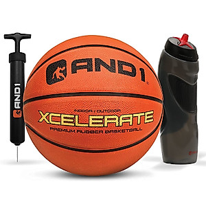 AND1 3-Pc Premium Rubber Basketball Bundle – Includes Official Regulation Size 7 (29.5”) Streetball (Deflated), Ball Pump and Squeeze Water Bottle Made for Indoor and Outdoor Basketball Games,Orange