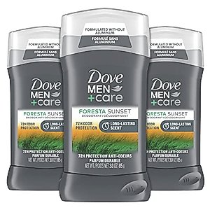 Dove Men+Care Deodorant Stick For Men Foresta Sunset 3 Count Aluminum Free 72-Hour Odor Protection Mens Deodorant With Essential Oils & 1/4 Moisturizing Cream 3oz