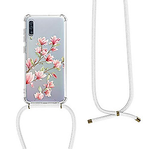 kwmobile Crossbody Case Compatible with Samsung Galaxy A50 Case Strap - Magnolias Pink/White/Transparent