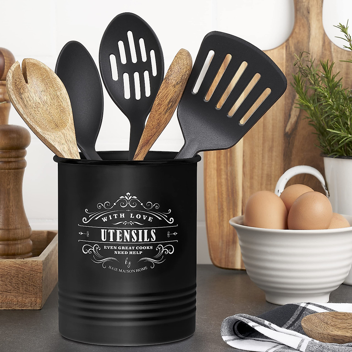 Baie Maison Large Kitchen Utensil Holder for Countertop - Farmhouse Kitchen Tools Storage Organizer Utensil Crock - Black Cooking Utensil Holder for Kitchen Counter - Utensil Caddy Jar Spatula Holder