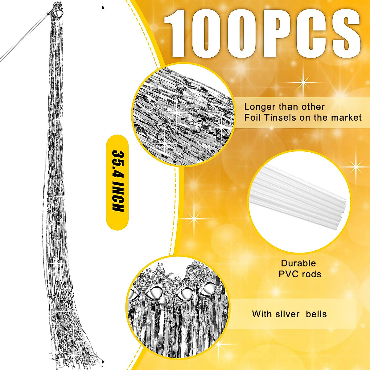 Motionchic 100 Pcs Wedding Wands Bulk 35.4 Inches Long Metallic Foil Christmas Tinsel Sticks with Bells Glitter Foil Tinsel Streamers for Bridal Wedding Send Off Ideas Celebration Supplies(Silver)