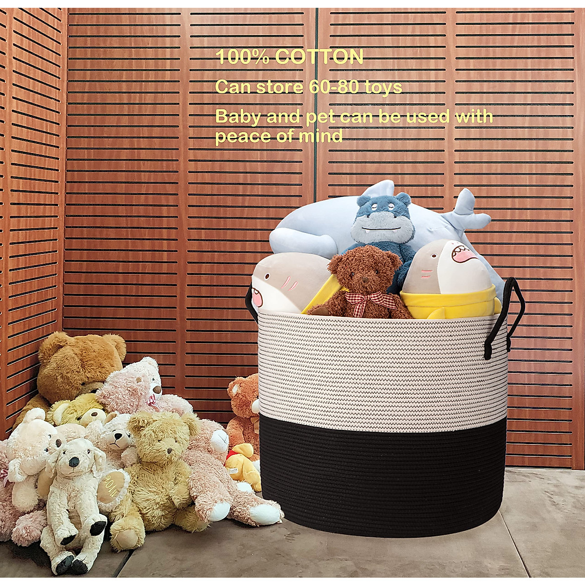Echueuey 115L Extra Large storage basket with lid, blanket basket with lid for living room,extra large laundry basket,large round basket with lid,wicker basket with lid,Black 21" x 21" x 18"
