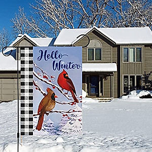 Hello Winter Garden Flag 12x18 Double Sided, Burlap Farmhouse Buffalo Plaid Small Cardinal Snow Garden Yard Flags for Winter Seasonal Outside Outdoor House Holiday Decor (ONLY FLAG)