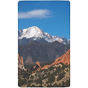 Snow Mountain sceneryr Themed Fitted Mini Crib Sheets,Portable Mini Crib Sheets Soft & Stretchy Fitted Crib Sheet-Crib Mattress Sheet or Toddler Bed Sheet,24“ x38“,Blue Evergreen Pale Rust