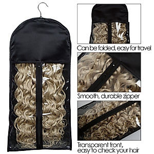 2 Pack Hair Extension Holder with Satin Storage Bag Wig Hanger Hairpieces Bag Wigs Carrier Case for Store Style Human Synthetic Hair Black Color