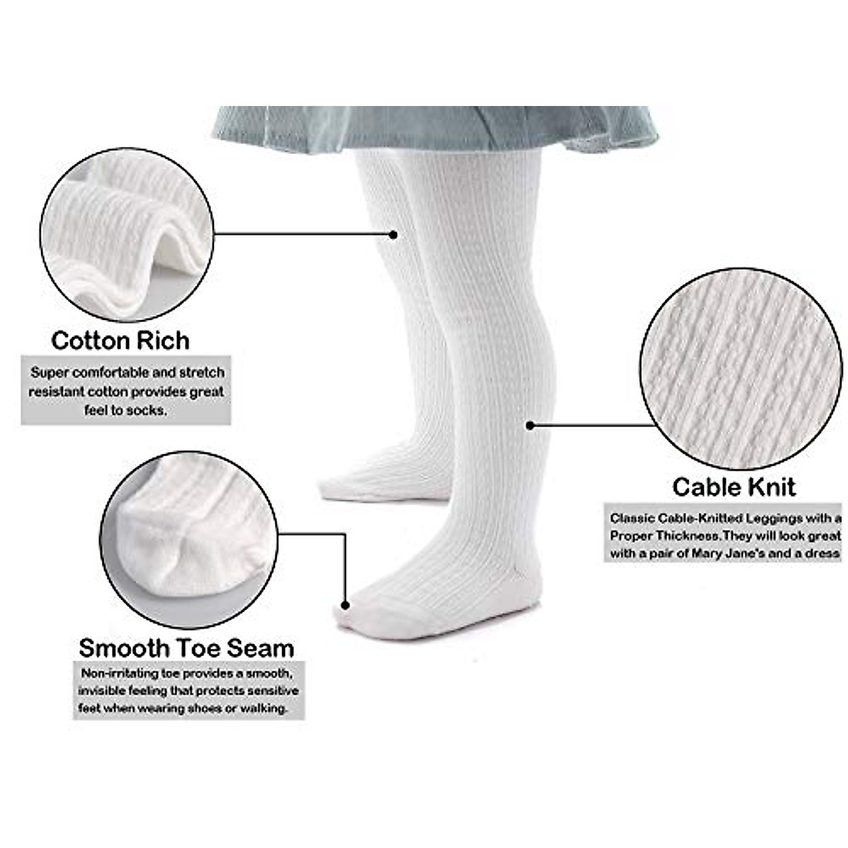 EPEIUS 3 Pairs Pack Newborn Girls Tights Baby Girls Boys Seamless Cable Knit Leggings Solid Cotton Tights Footed Pants for 0-3 Months,White