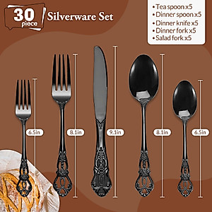 PUREAIN Silverware Set, 30 Pieces Retro Royal Silverware Set for 6, Anti-rust Stainless Steel Flatware Set Including Fork Spoon and Knife, Dishwasher Safe, Black
