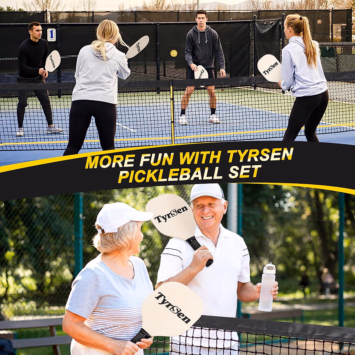 TYRSEN Pickleball Set with Net, 22FT USAPA Regular Size Portable Pickleball Net System for Driveway Backyard, 4 Paddles & 6 Balls, Strong PE Net and Steady Steel Frames for Indoor Outdoor