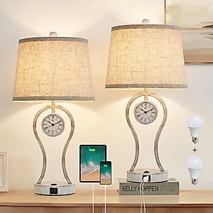 Luvkczc Vintage Clock Lamp, Black Metal with USB Charging Ports, LED Bulbs Included, 3-Year Warranty