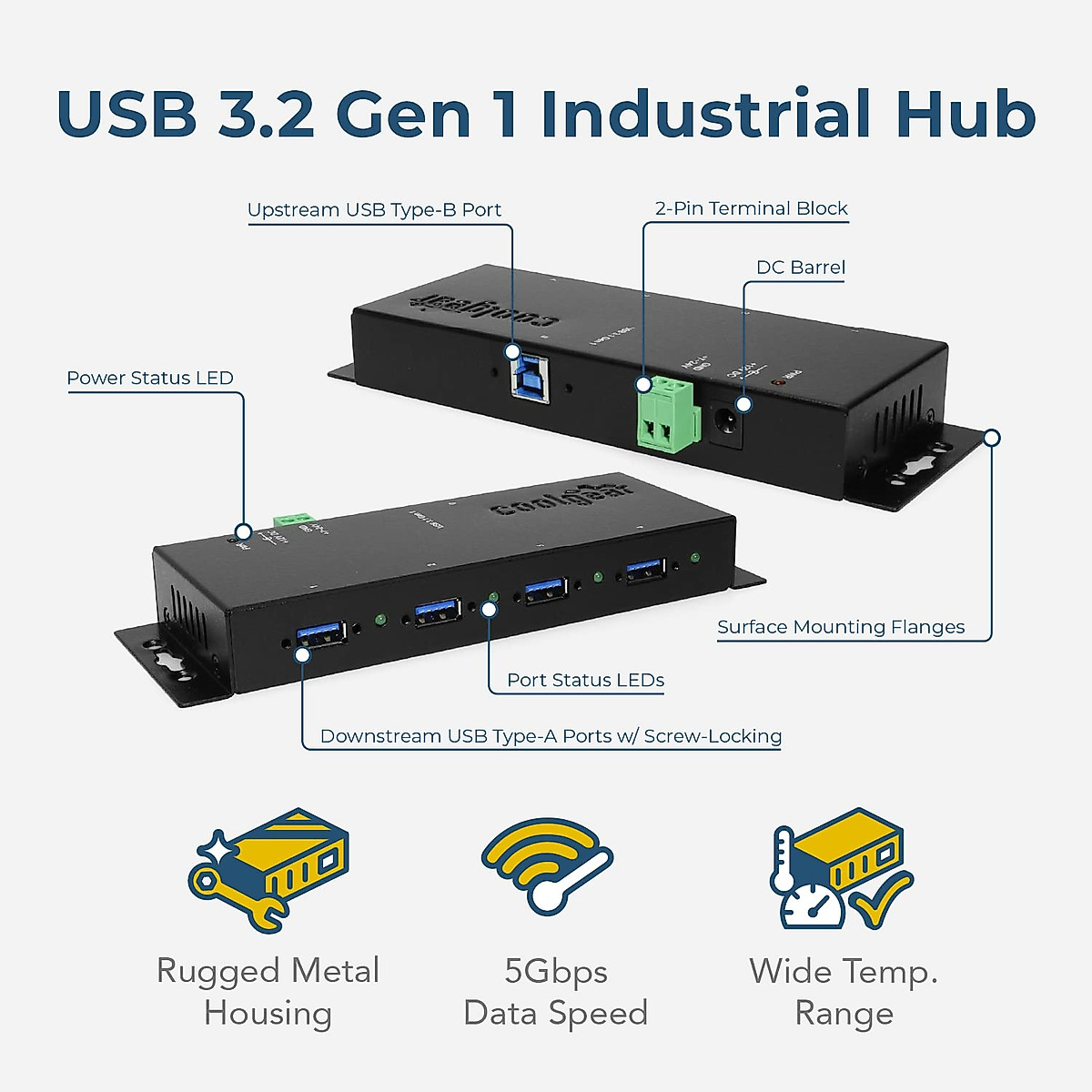 USB 3.2 Gen 1 4-Port Industrial Hub Metal Case with Screw Lock Cable Option