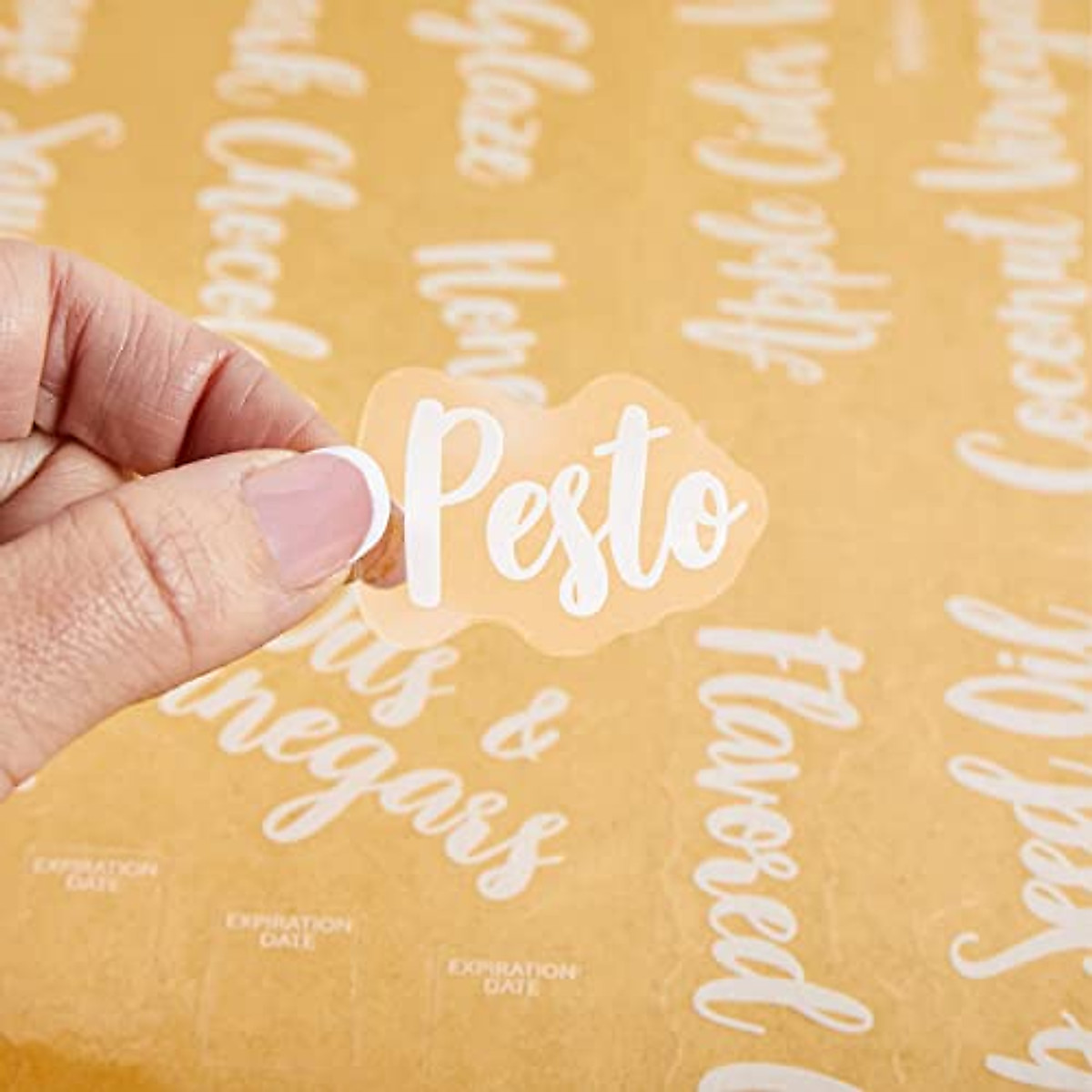 Talented Kitchen 132 White Cursive Oil and Vinegar Labels for Bottles, Clear Preprinted Condiments Stickers for Squeeze Dispensers, Kitchen Pantry Organization