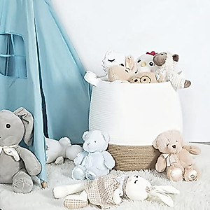 BSMstone Large Cotton Rope Basket 17.7"x 15.7"x13.8" Woven Baby Laundry Blanket Basket Toy Basket with Handle Storage Baskets for Comforter, Cushions, Quilt, Toy Bins (White + Camel)