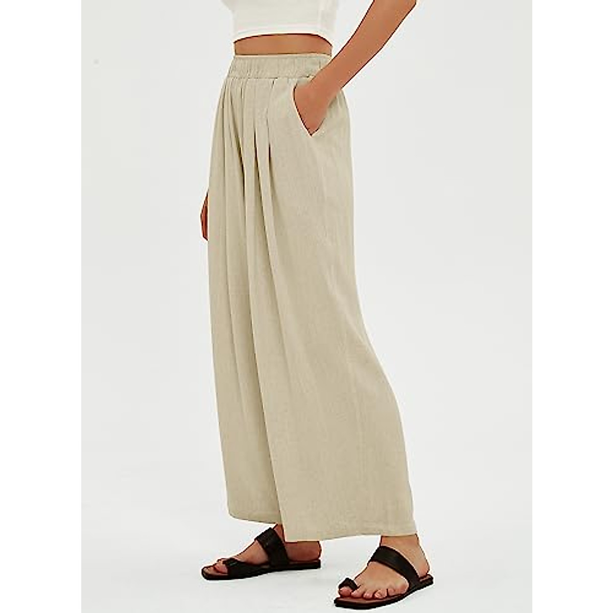Beaully Women Linen Pants High Waist Wide Leg Palazzo Pants Casual Loose Long Trousers with Pockets 6096 Apricot Small