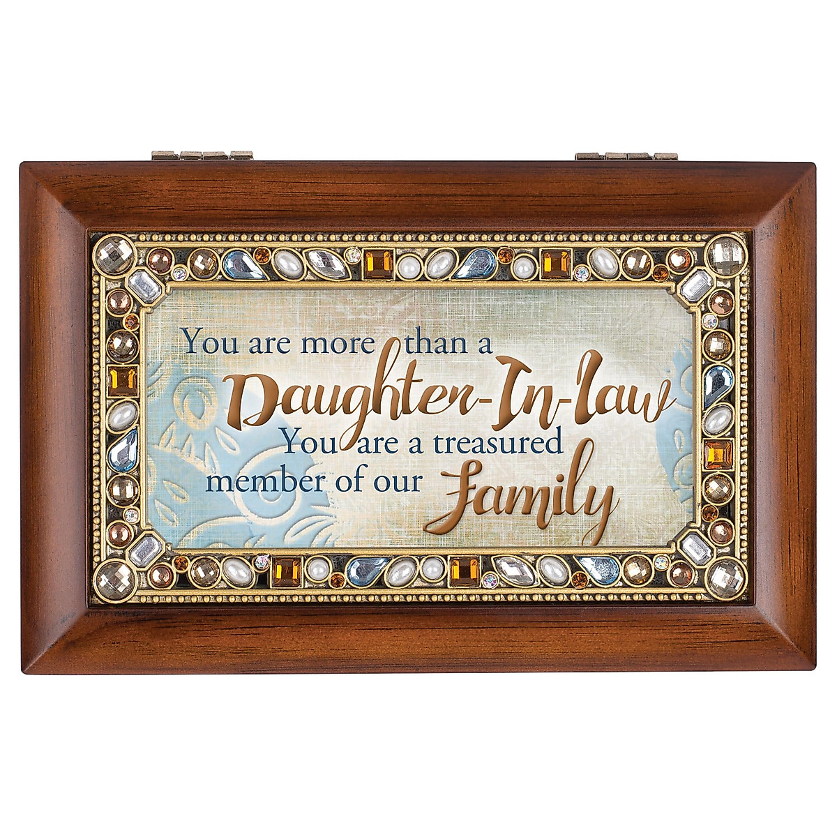 Cottage Garden Daughter in Law Treasured Member Jeweled Woodgrain Petite Music Box Plays You Light Up My Life